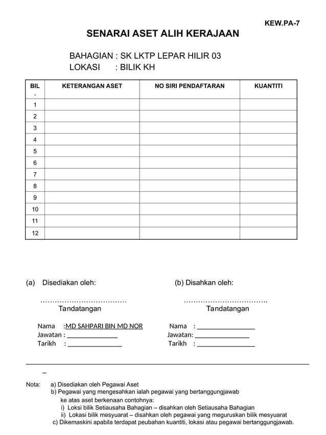 PRESENTATION CONTOH KEW. PA 7 SENARAI ASET | PDF
