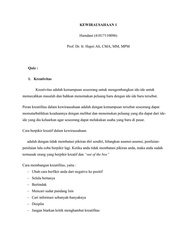 Kewirausahaan, hamdani, prof. dr. ir. hapzi ali, cma, mm, mpm ...