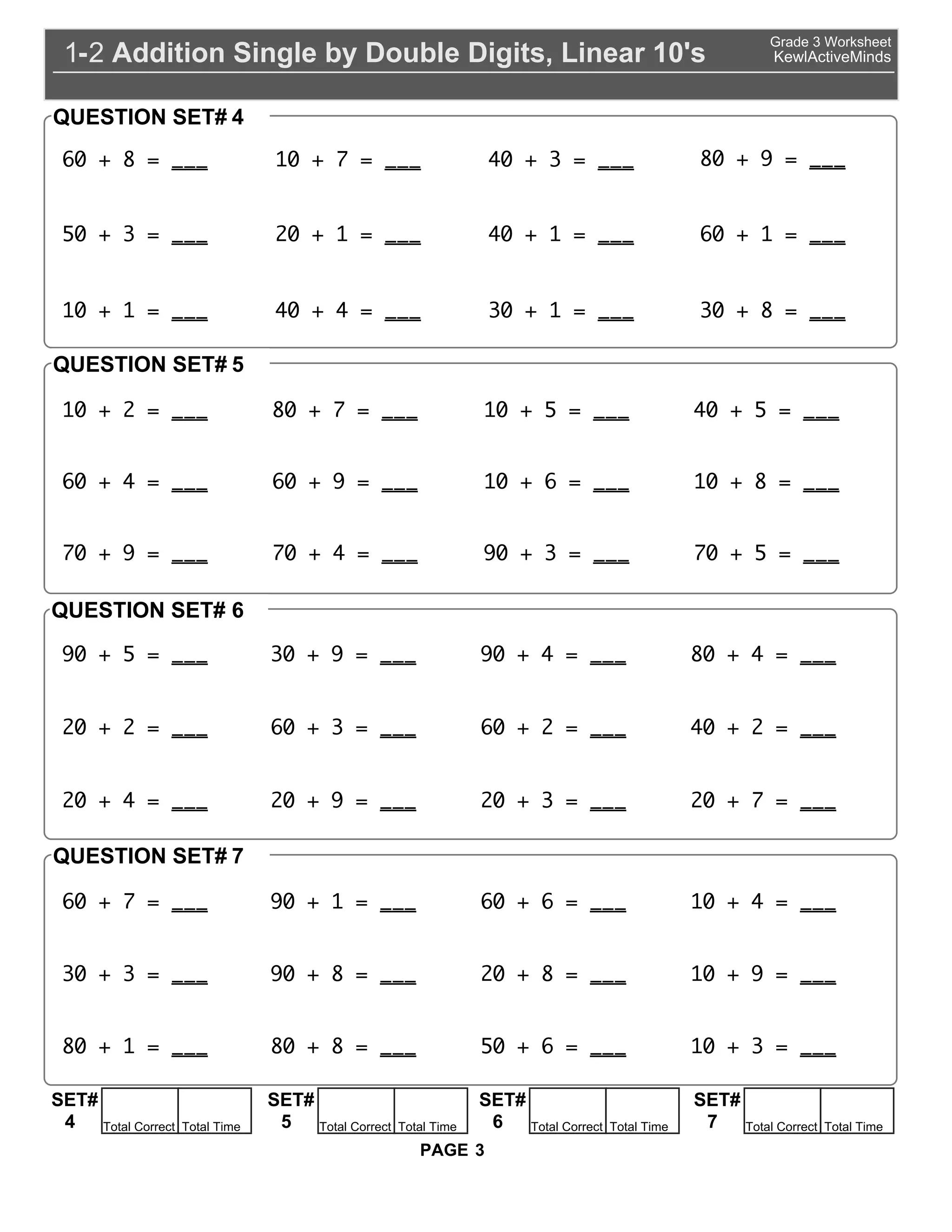 KewlActiveMinds Grade 3 Math, Addition & Subtraction Worksheets Sample ...
