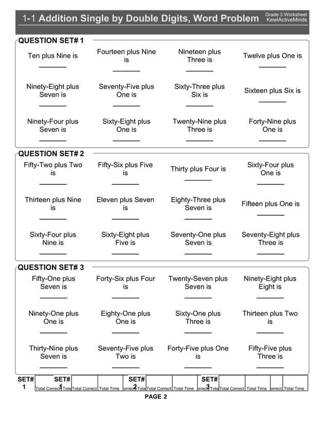 KewlActiveMinds Grade 3 Math, Addition & Subtraction Worksheets Sample ...