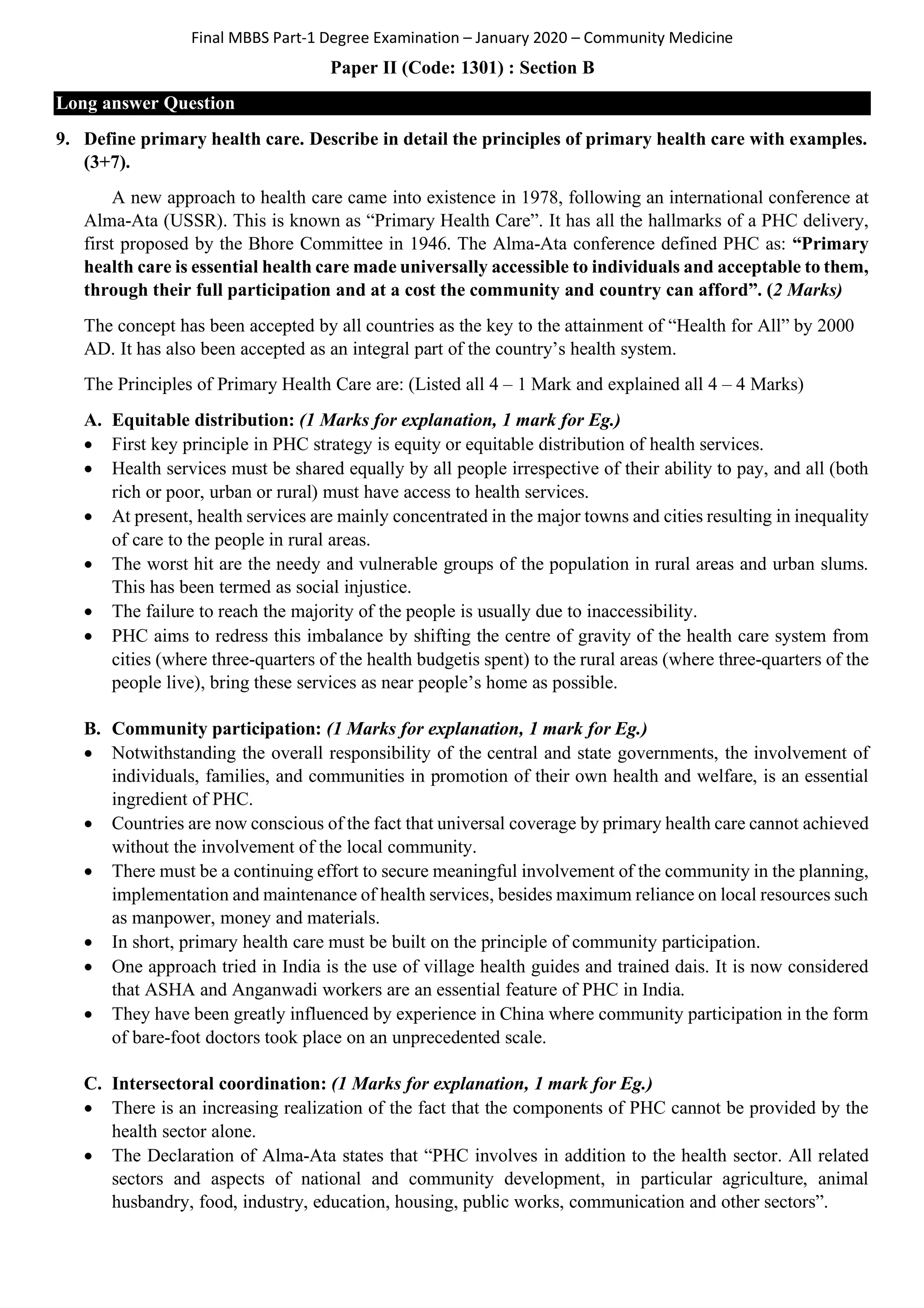 Community medicine UG exam key - SBV 2020 | PDF