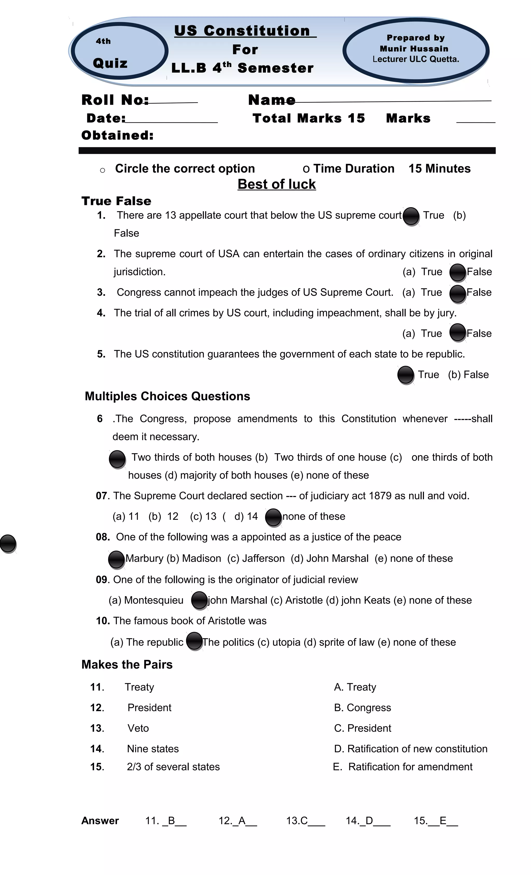 Key 4th quiz 4th semester | PDF