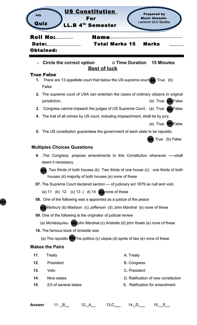 Key 4th quiz 4th semester | PDF