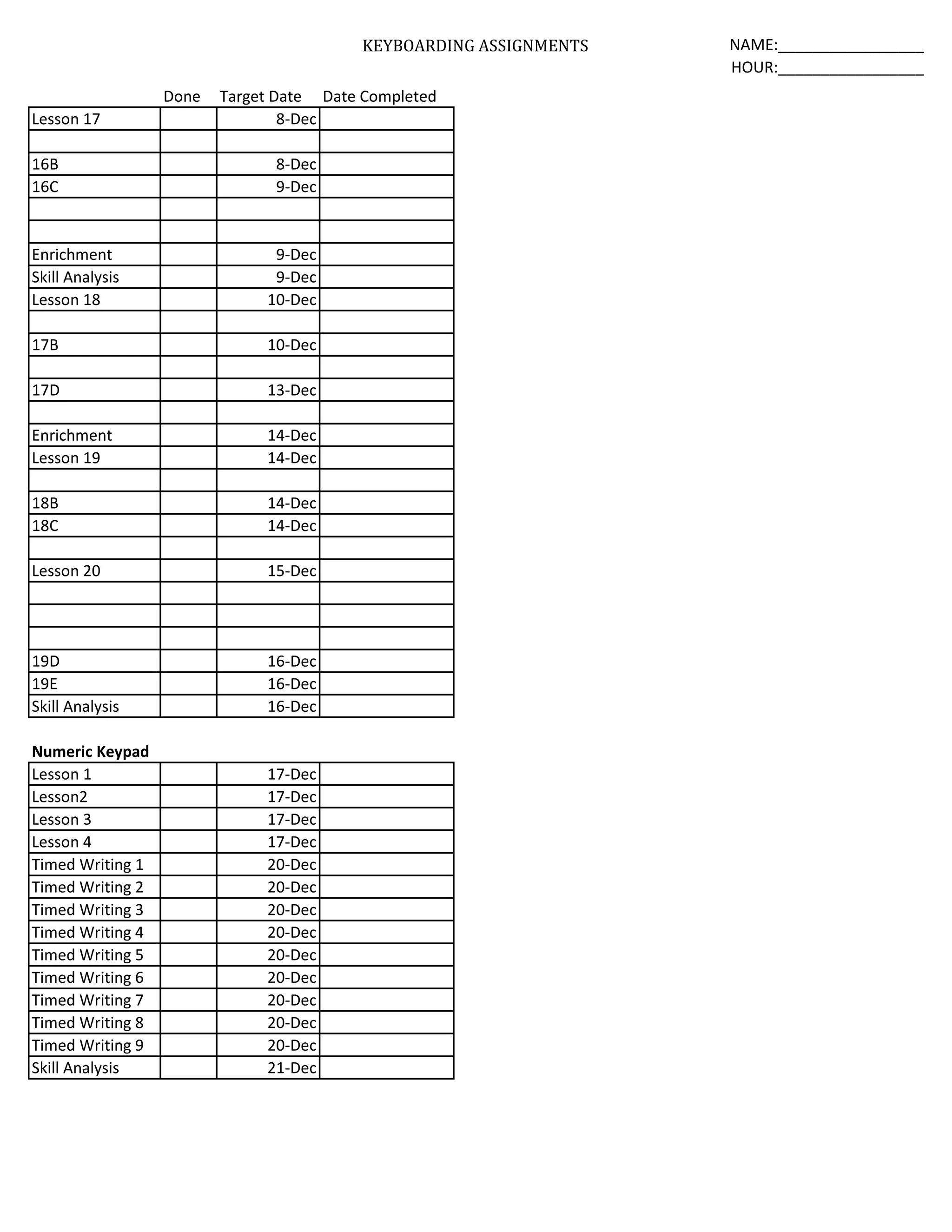 Keyboarding Assignment Sheet | XLSX