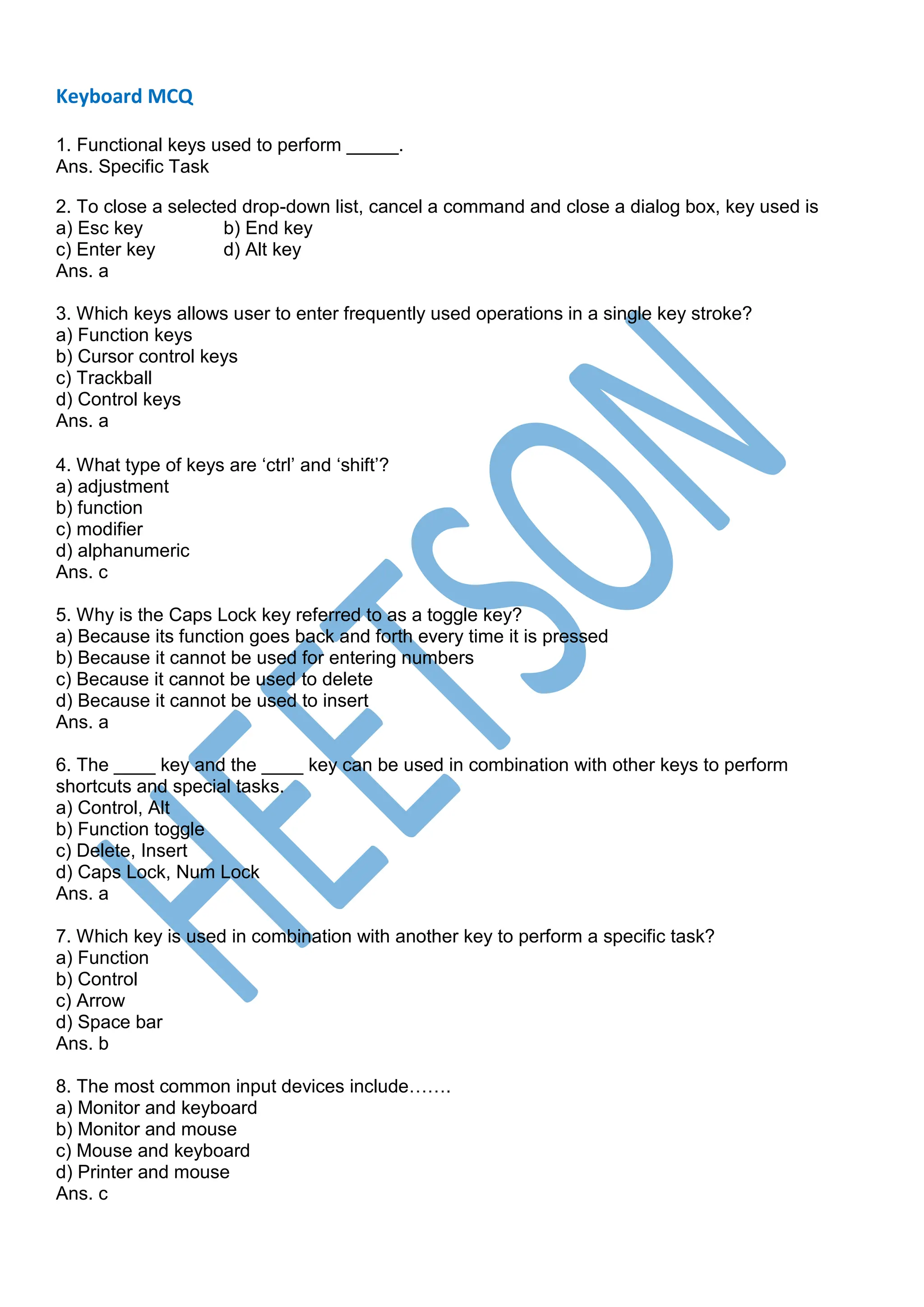 Computer Keyboard Related MCQ Question Answer | PDF