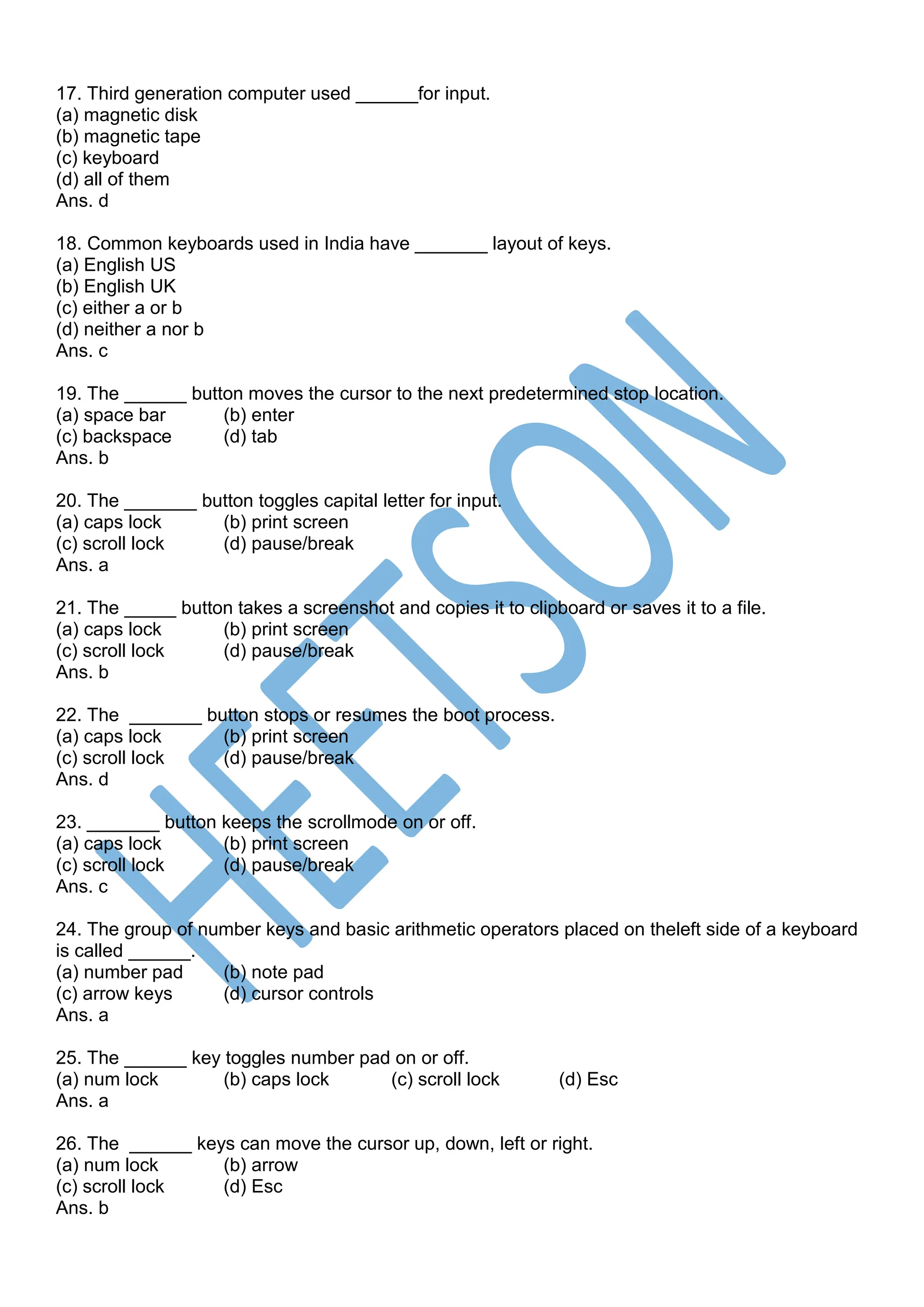 Computer Keyboard Related MCQ Question Answer | PDF