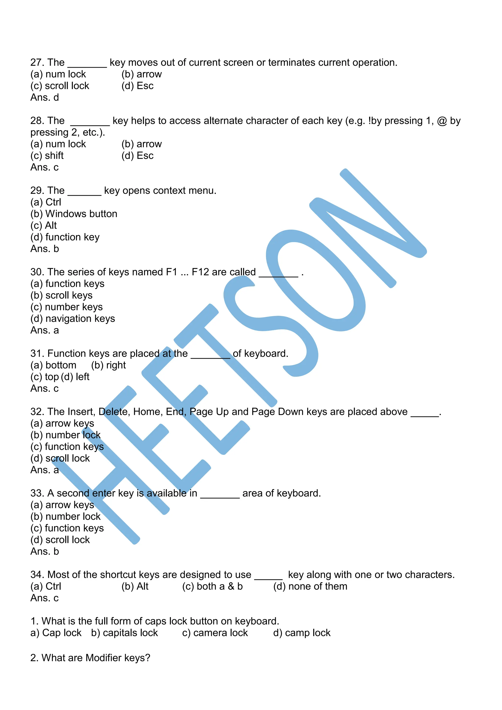 Computer Keyboard Related Mcq Question Answer Pdf