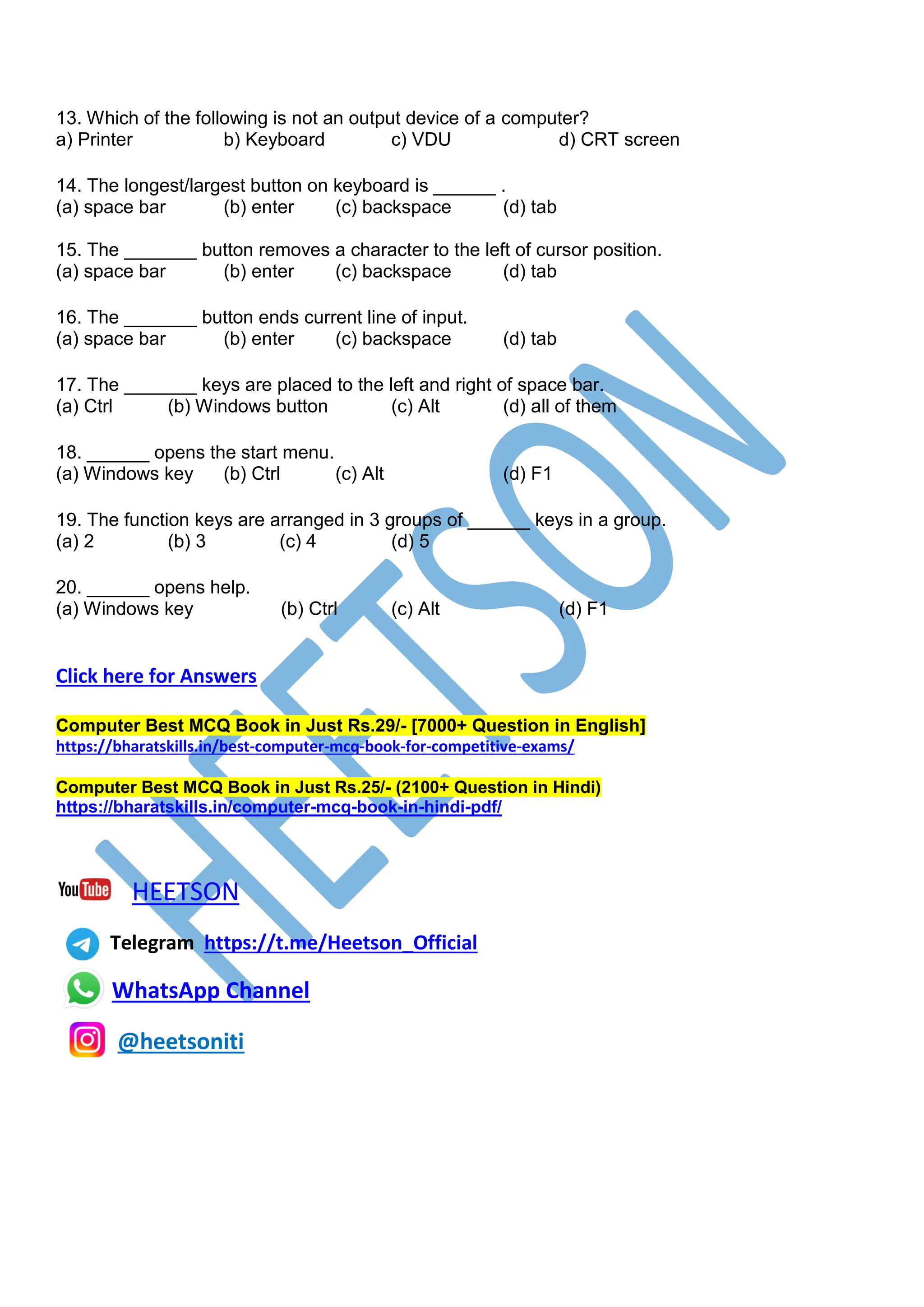 Computer Keyboard Related MCQ Question Answer | PDF