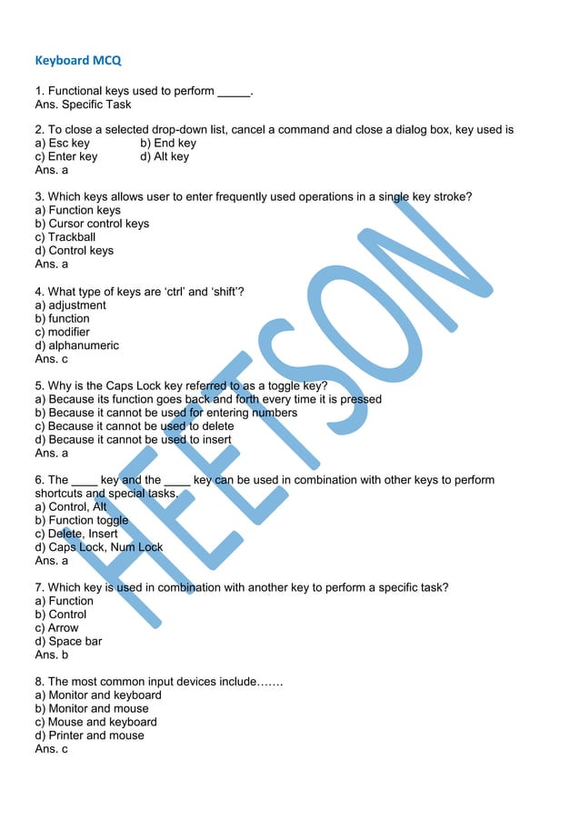 Computer Keyboard Related MCQ Question Answer | PDF