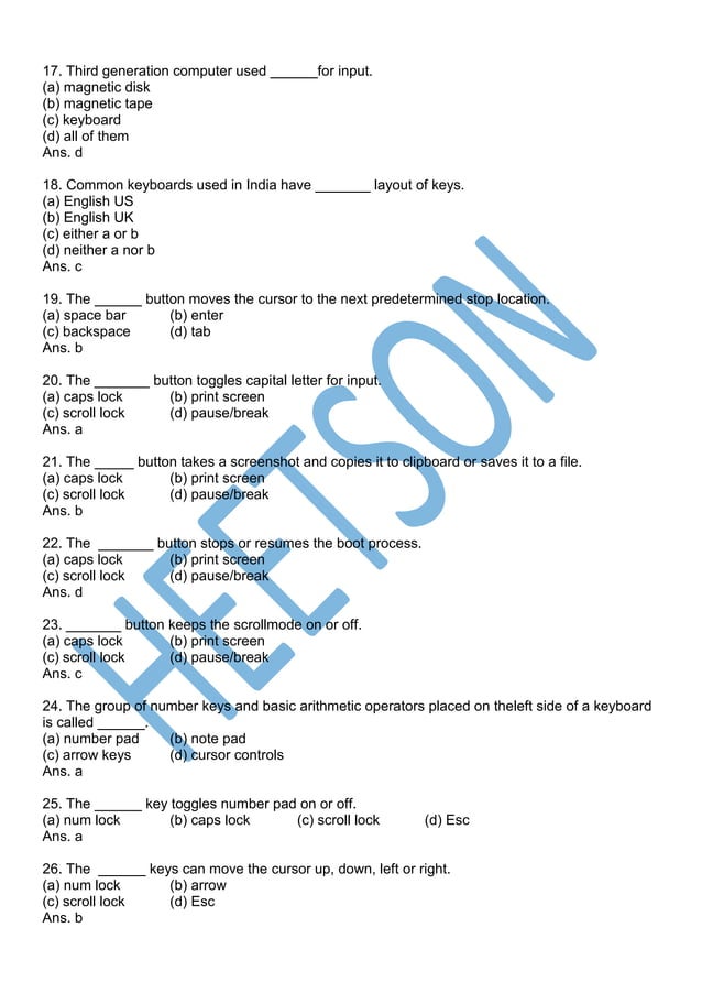 Computer Keyboard Related MCQ Question Answer | PDF