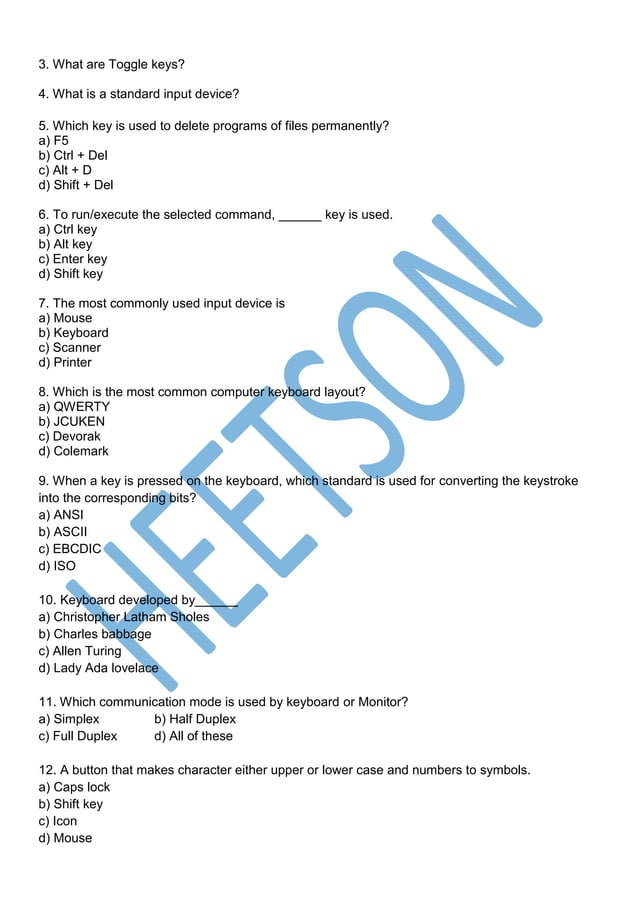 Computer Keyboard Related MCQ Question Answer | PDF