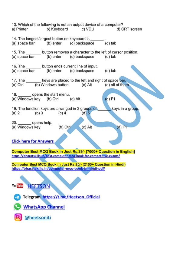Computer Keyboard Related MCQ Question Answer | PDF