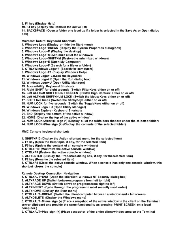 Keyboard shortcuts | DOCX | Operating Systems | Computer Software and Applications