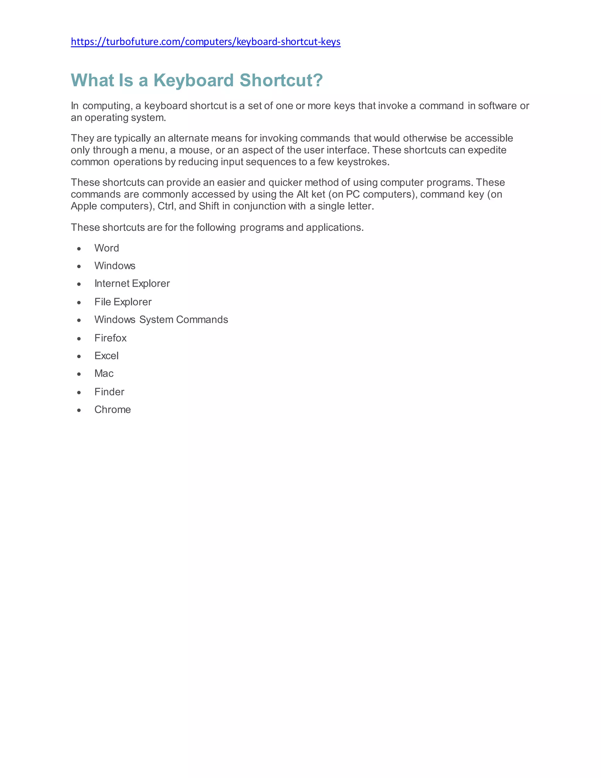 Keyboard shortcuts and system commands for popular programs | DOCX