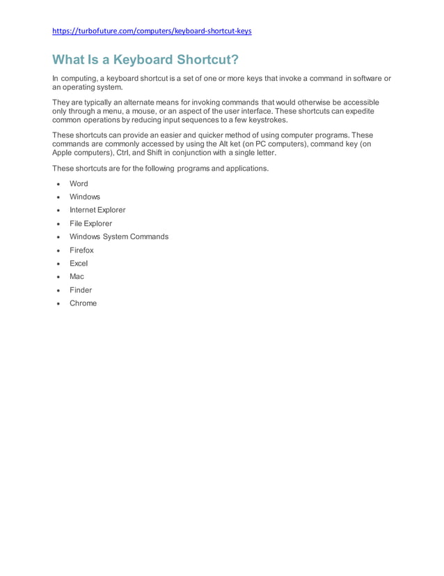 Keyboard shortcuts and system commands for popular programs | PDF