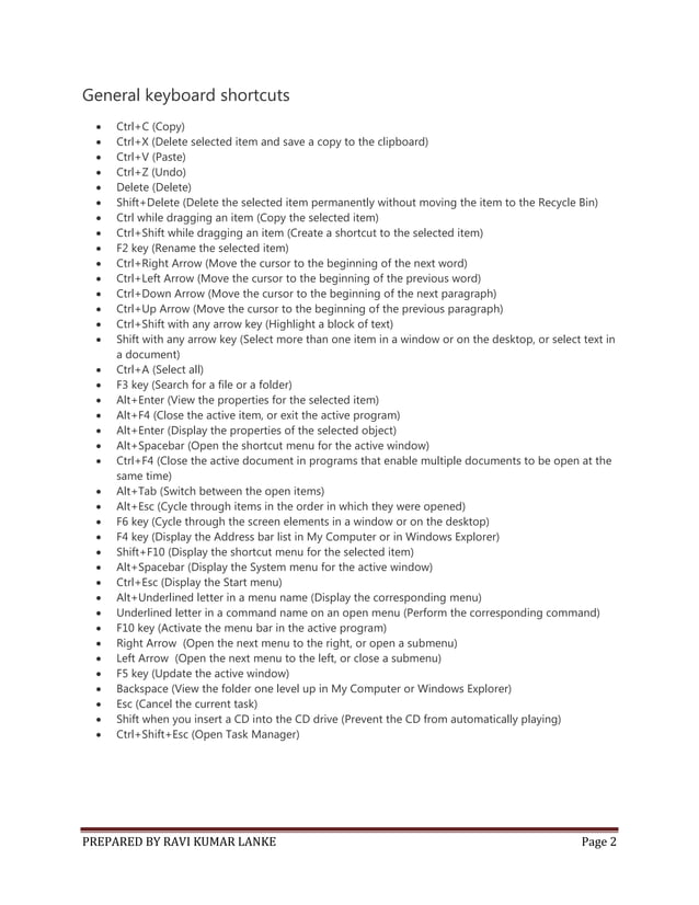 Keyboard short cuts for windows xp | PDF