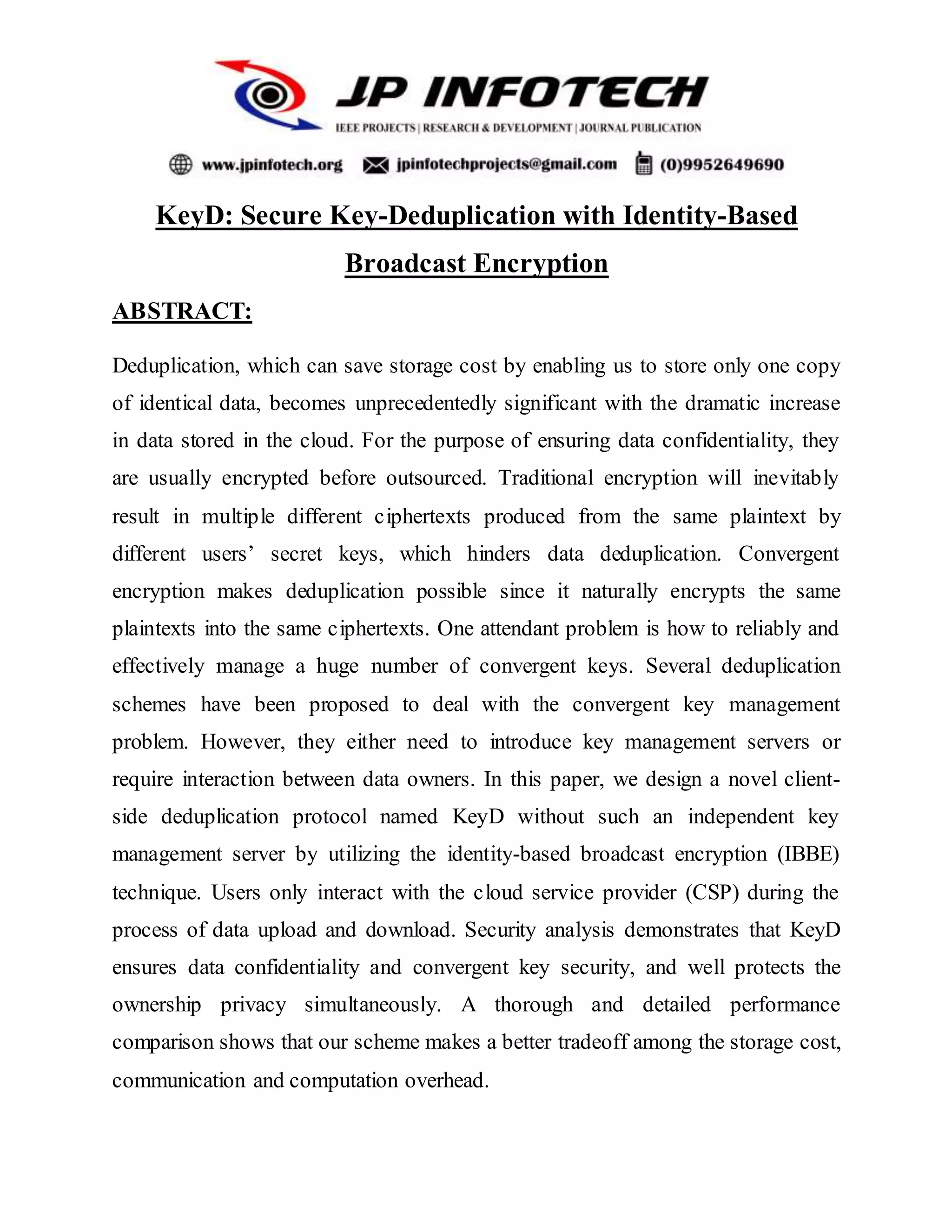 KeyD: Secure Key-Deduplication with Identity-Based Broadcast Encryption | PDF