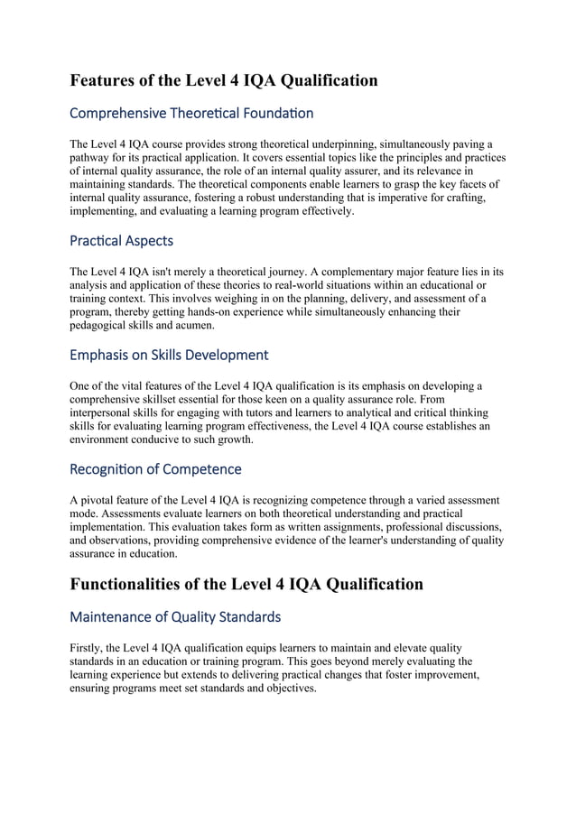Key Features And Functionalities Of Level 4 Iqa Qualifications In