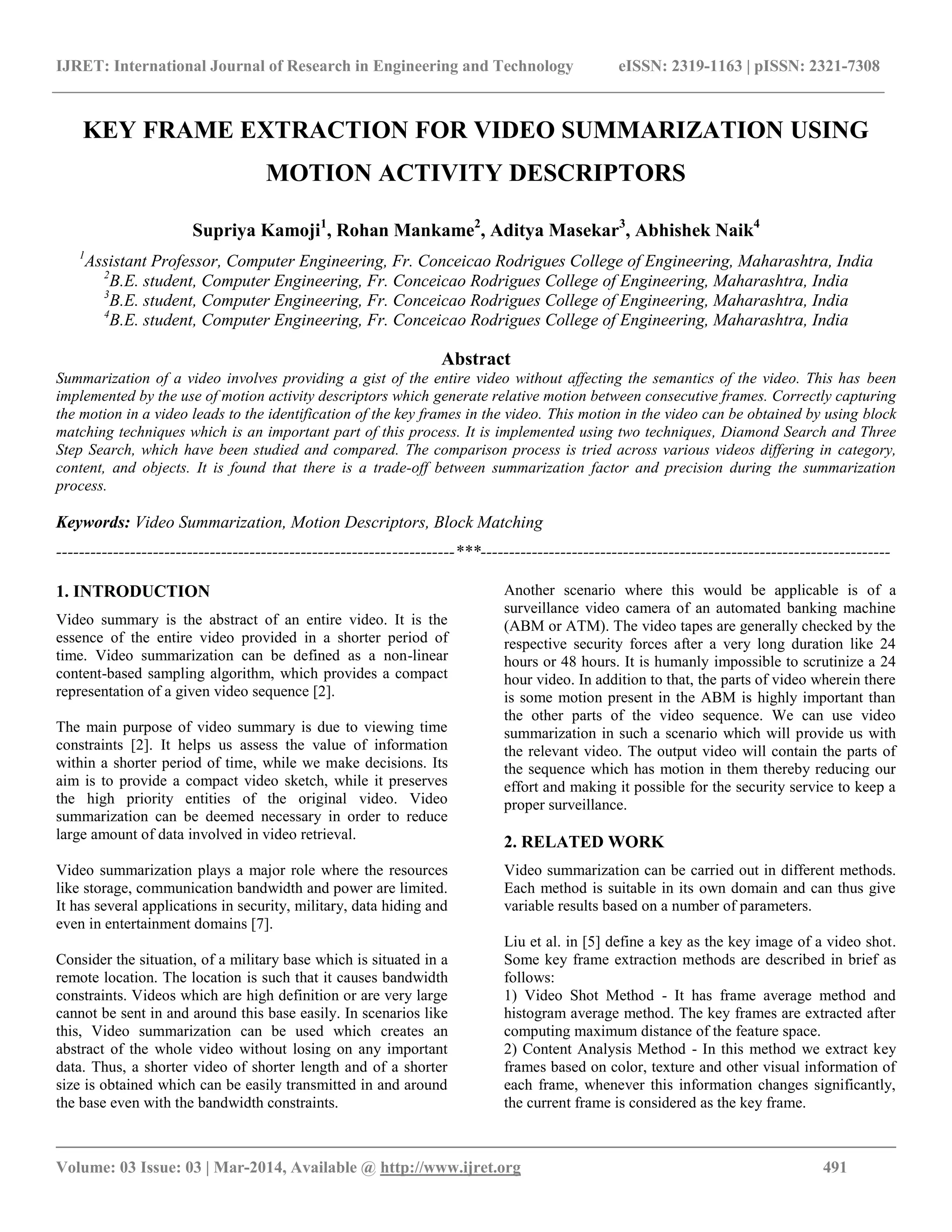 Key Frame Extraction For Video Summarization Using Motion Activity