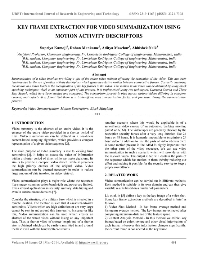 Key Frame Extraction For Video Summarization Using Motion Activity