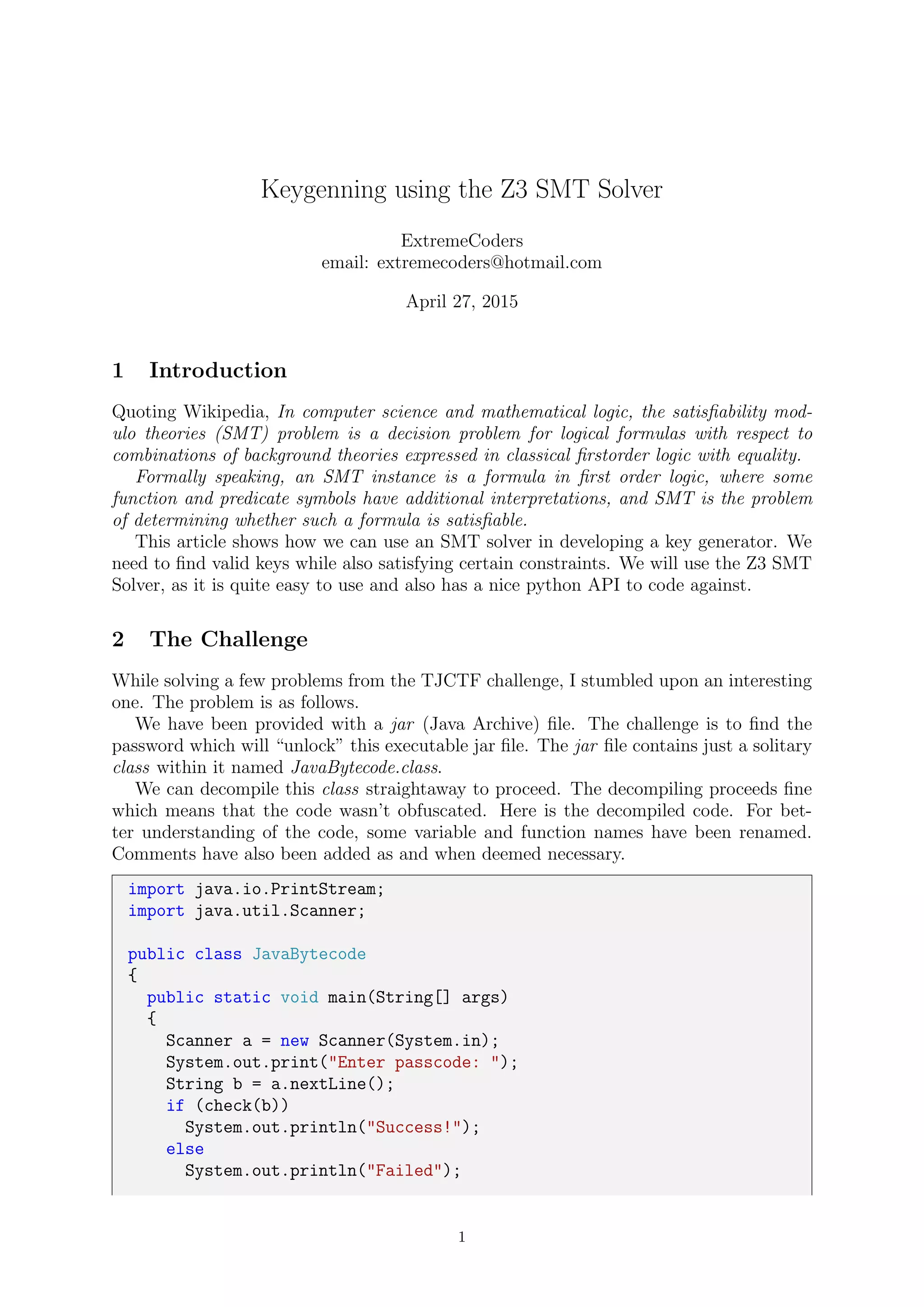 Keygenning using the Z3 SMT Solver | PDF