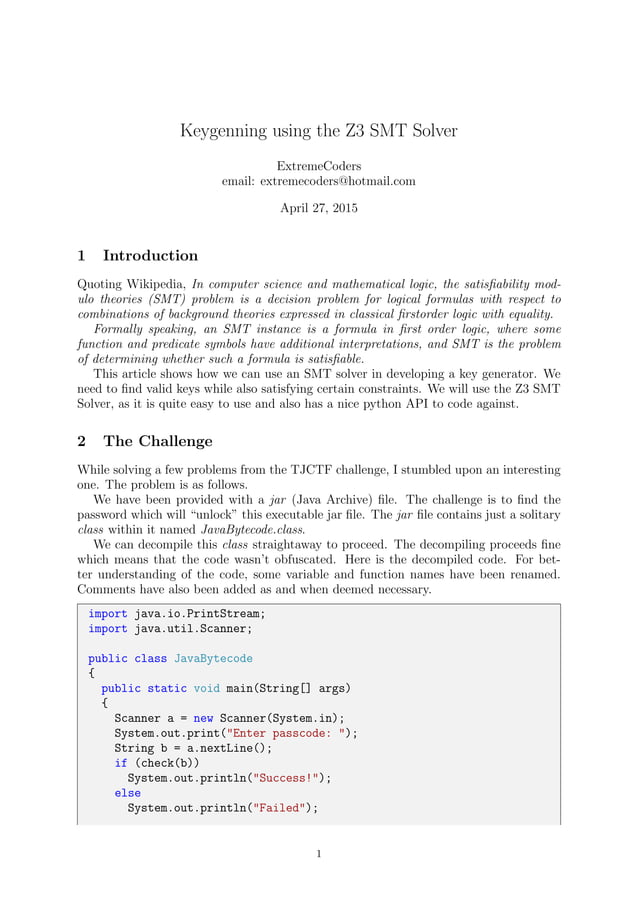 Keygenning using the Z3 SMT Solver | PDF