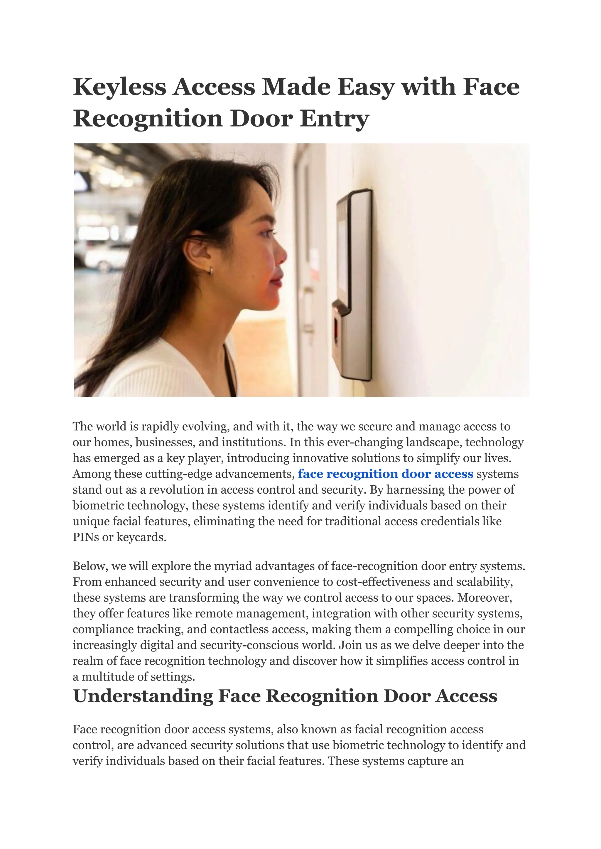 Keyless Access Made Easy with Face Recognition Door Entry | PDF
