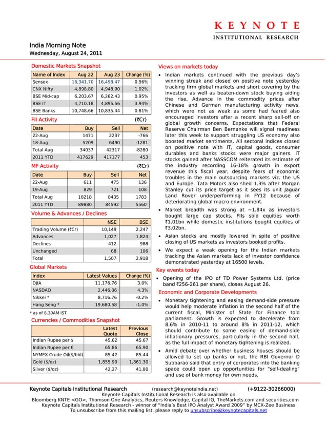 Keynote capitals india morning note aug 24-'11 | PDF
