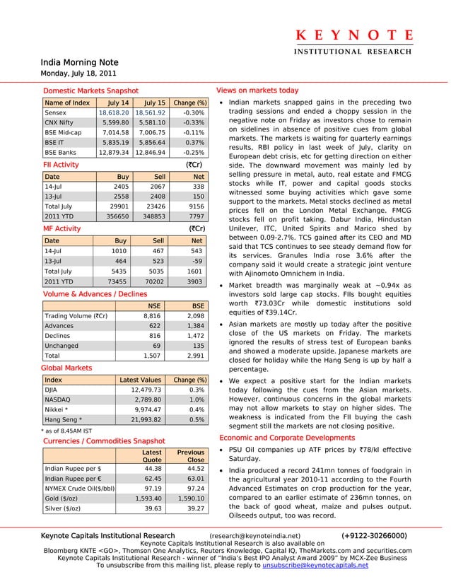 Keynote capitals india morning note july 18-'11 | PDF