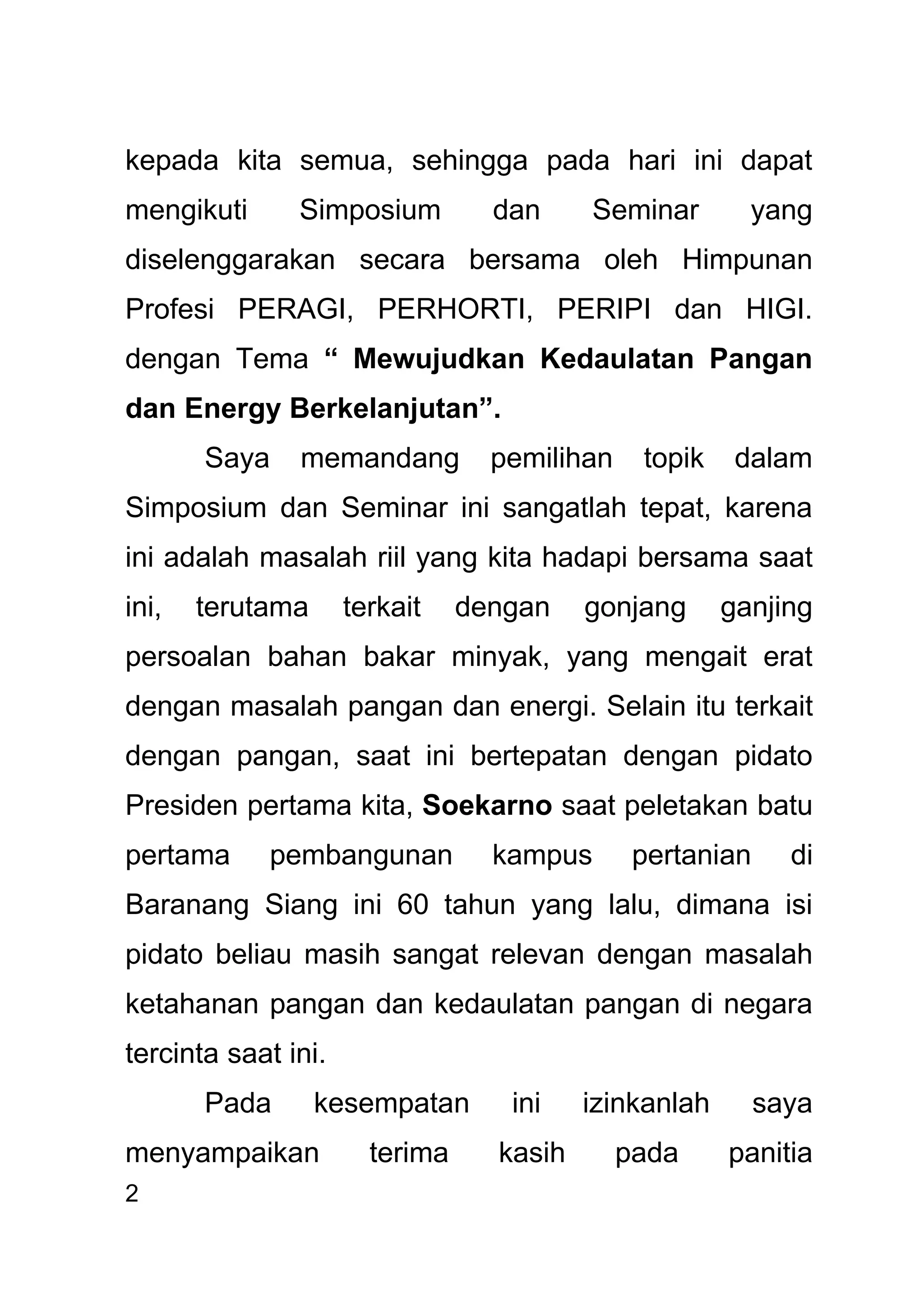 Keynote speech menteri pertanian dalam seminar keadulatan pangan | DOC