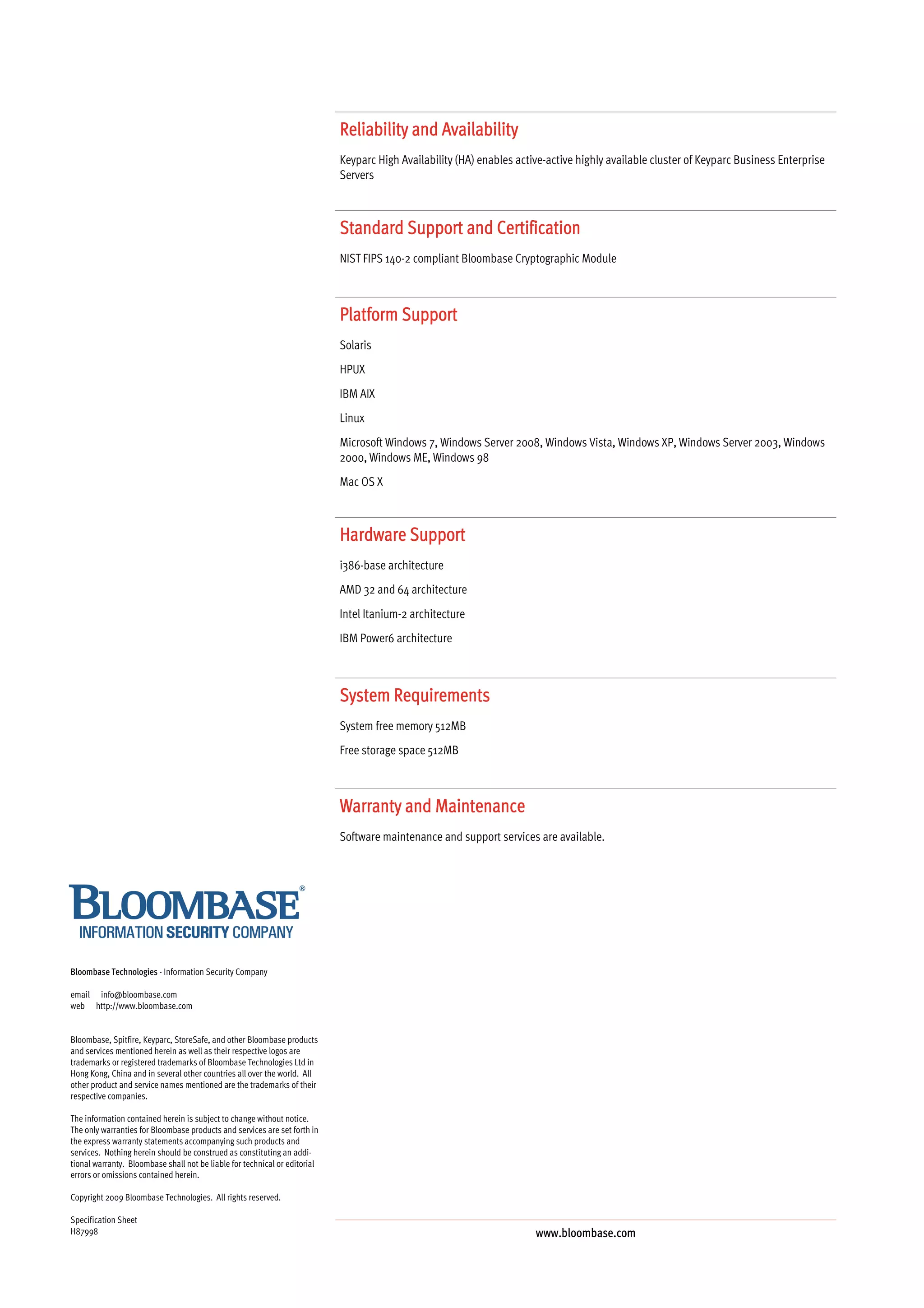 Bloombase Keyparc Business Enterprise Server Specifications | PDF