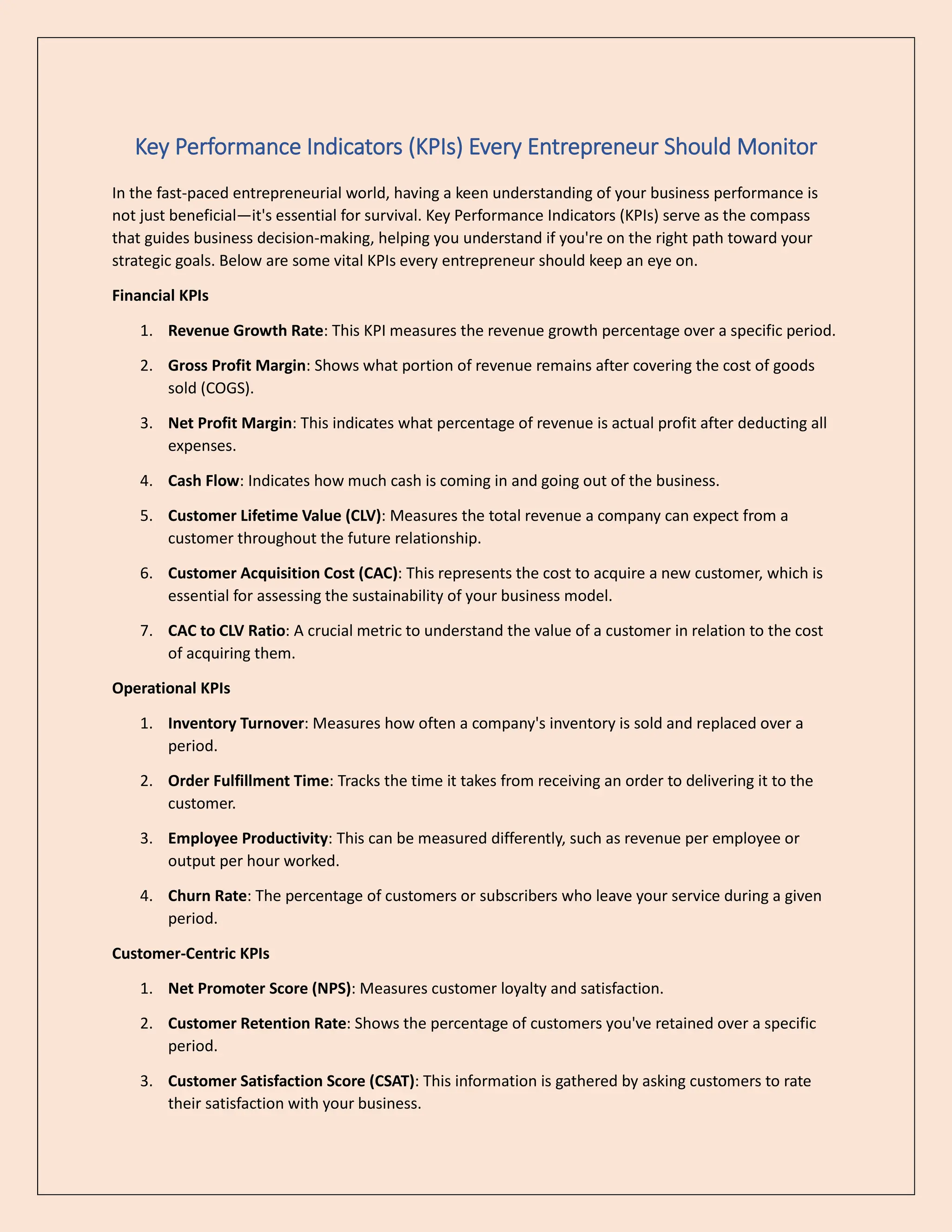 Key Performance Indicators (KPIs) Every Entrepreneur Should Monitor | DOCX | Business Accounting ...