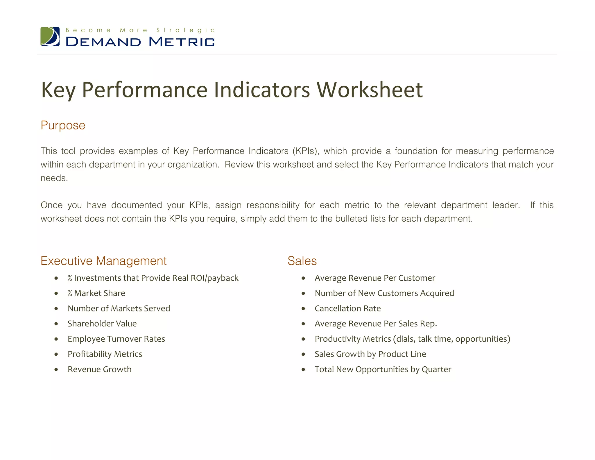Key Performance Indicators Worksheet | DOC