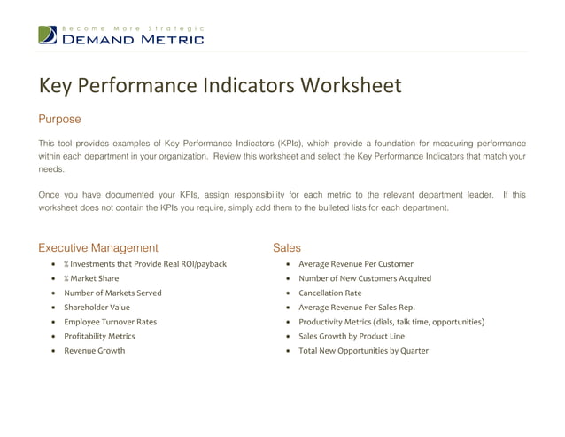 Key Performance Indicators Worksheet | PPT