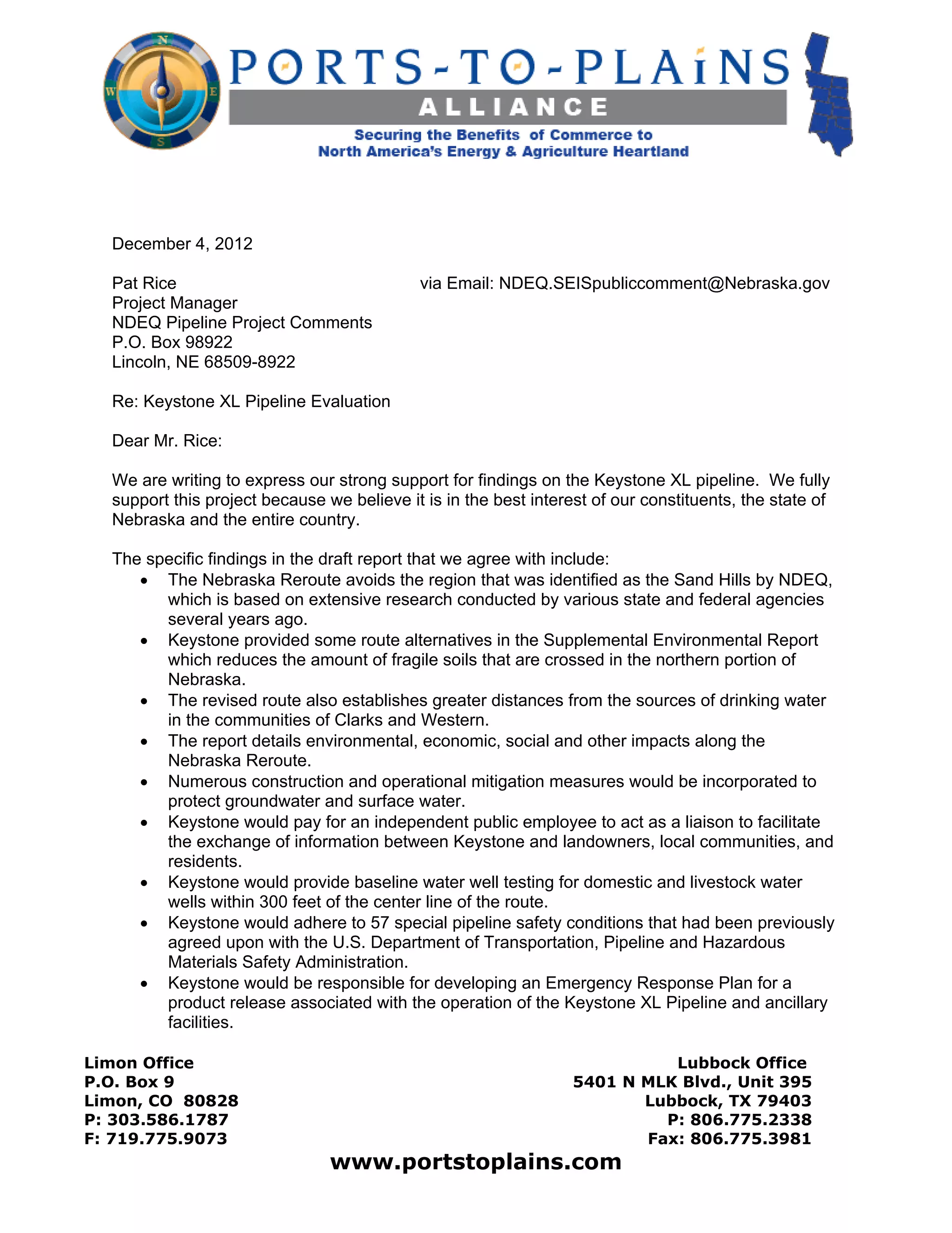 Keystone XL Letter Dec 2012 NEDEQ | PDF