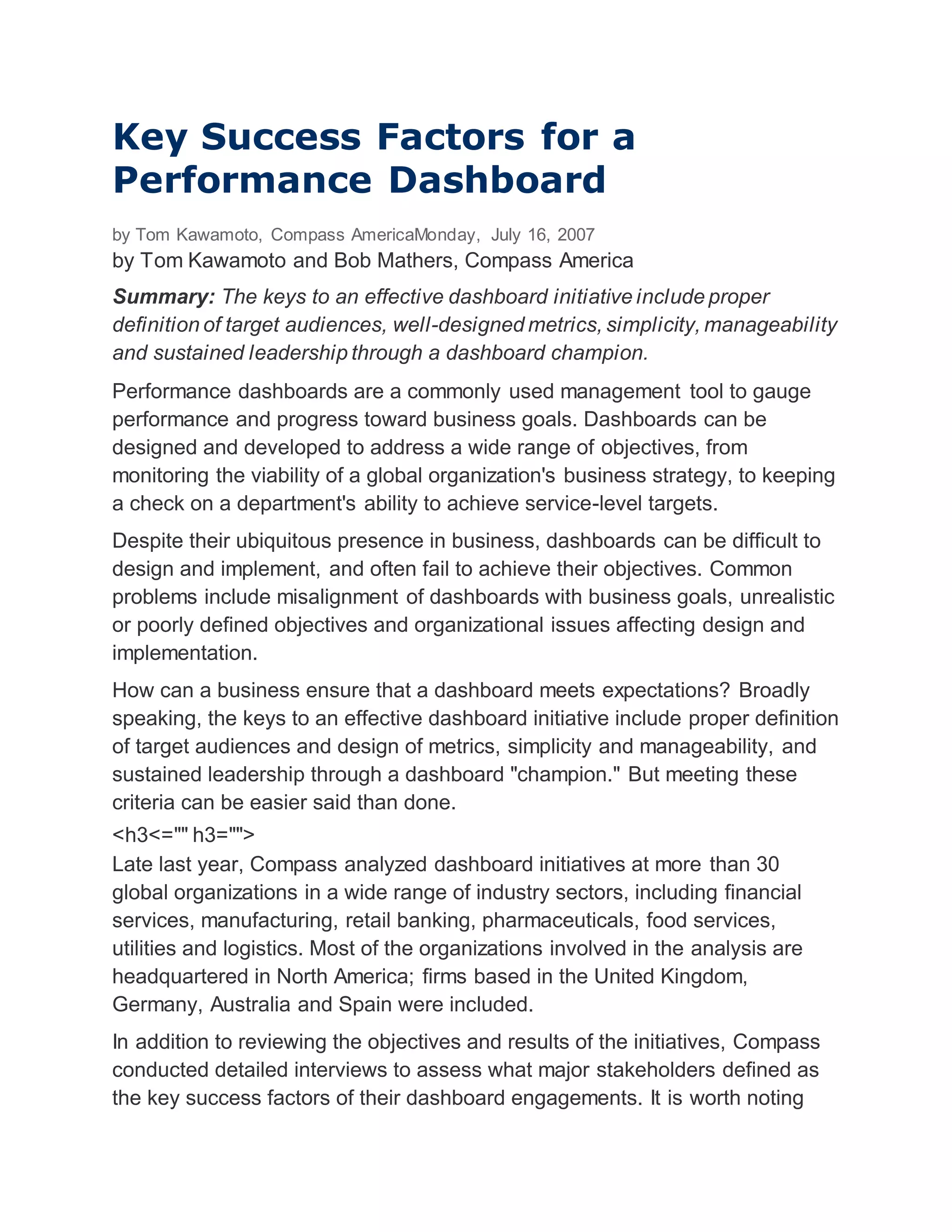 Key Success Factors for a Performance Dashboard | DOCX
