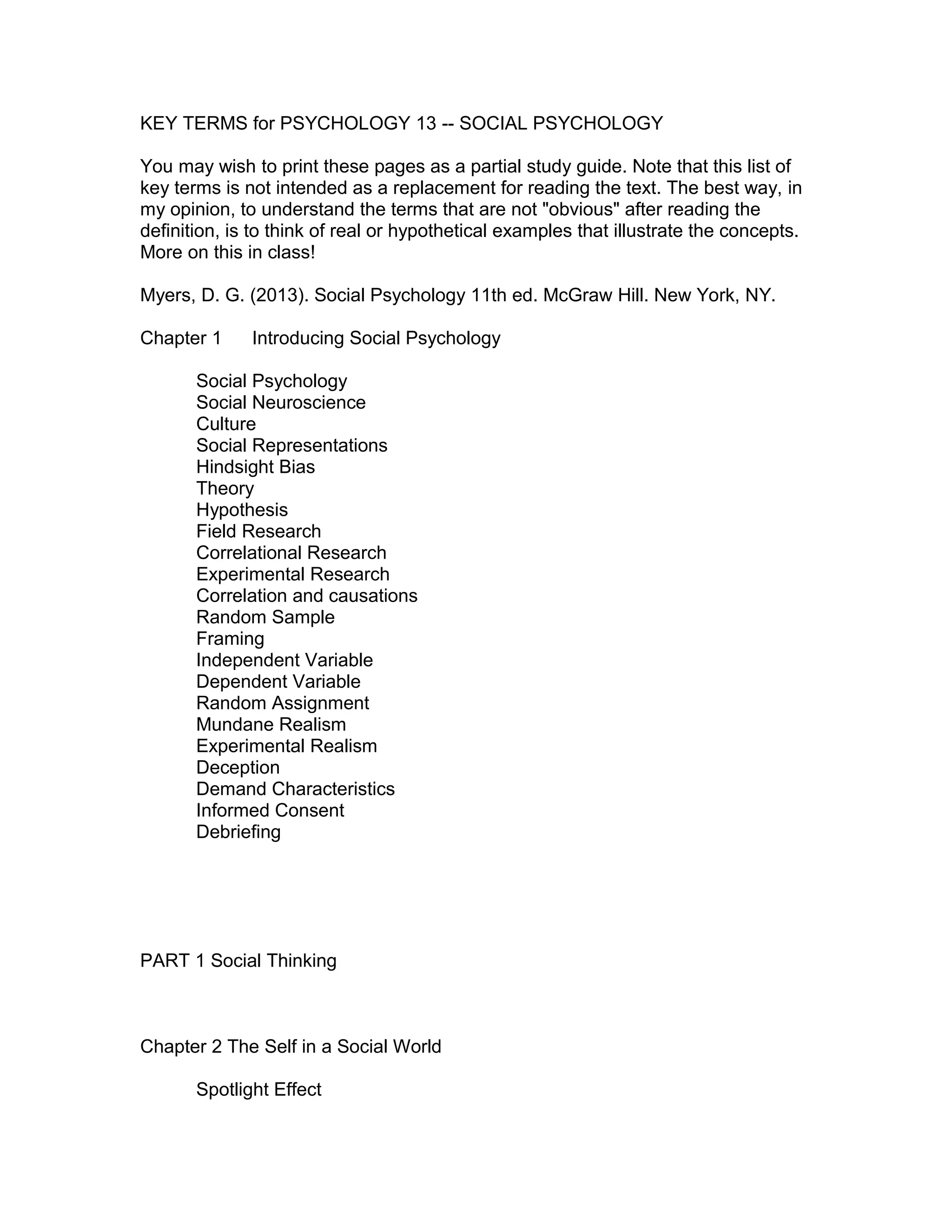 Key terms for psychology 13 social psychology | DOC