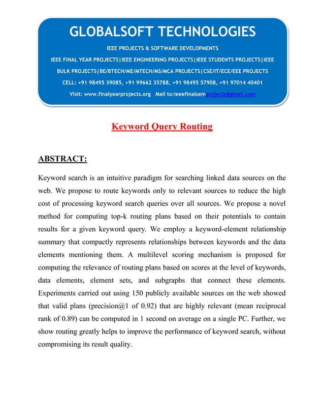2014 IEEE JAVA DATA MINING PROJECT Keyword query routing | PDF