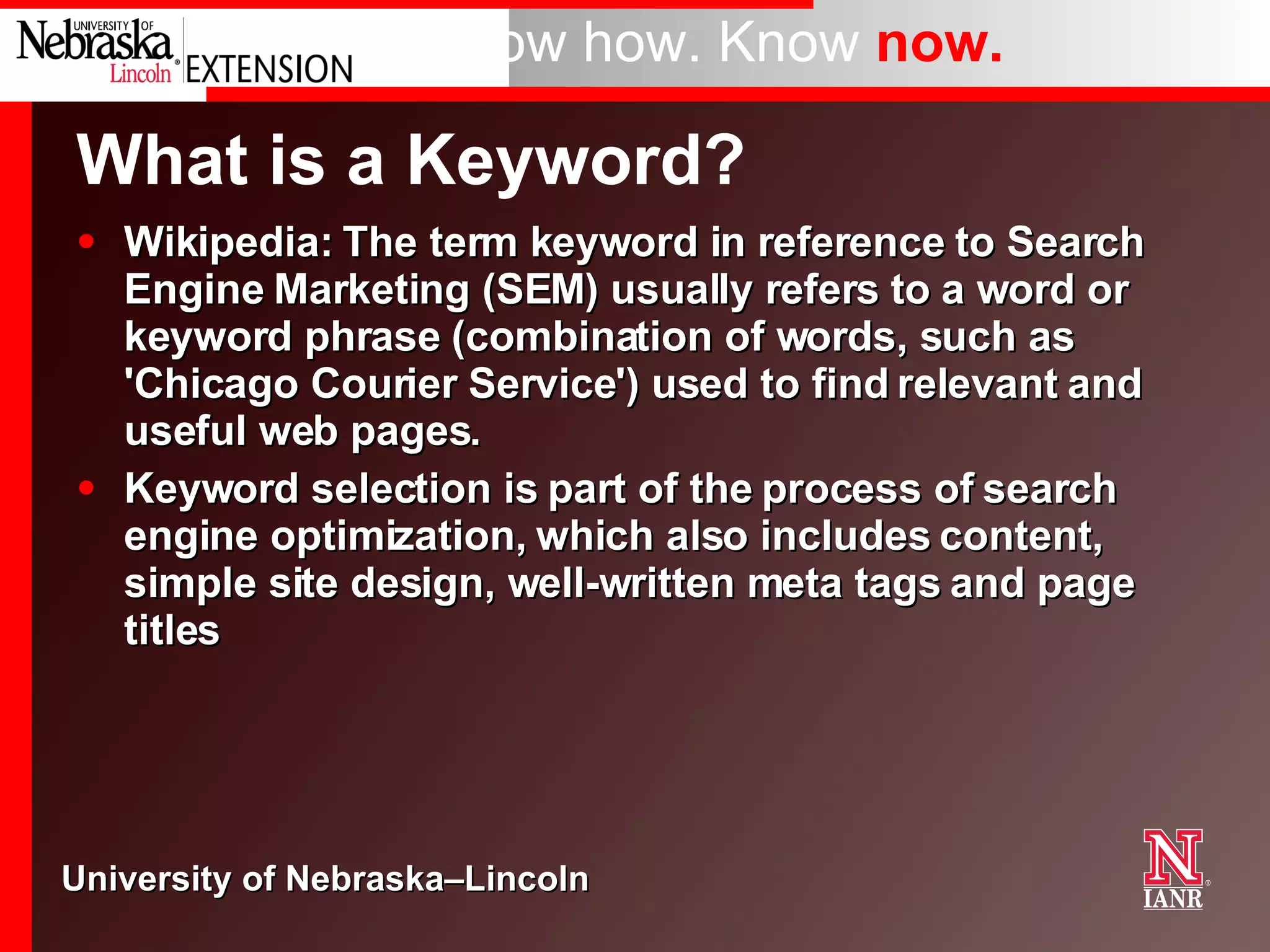 UNL Extension 2.0 Presentation on keywords | PPT