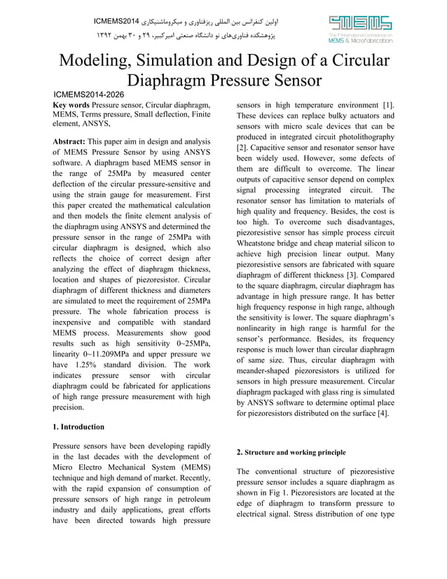 Modeling, Simulation and Design of a Circular Diaphragm Pressure Sensor ...