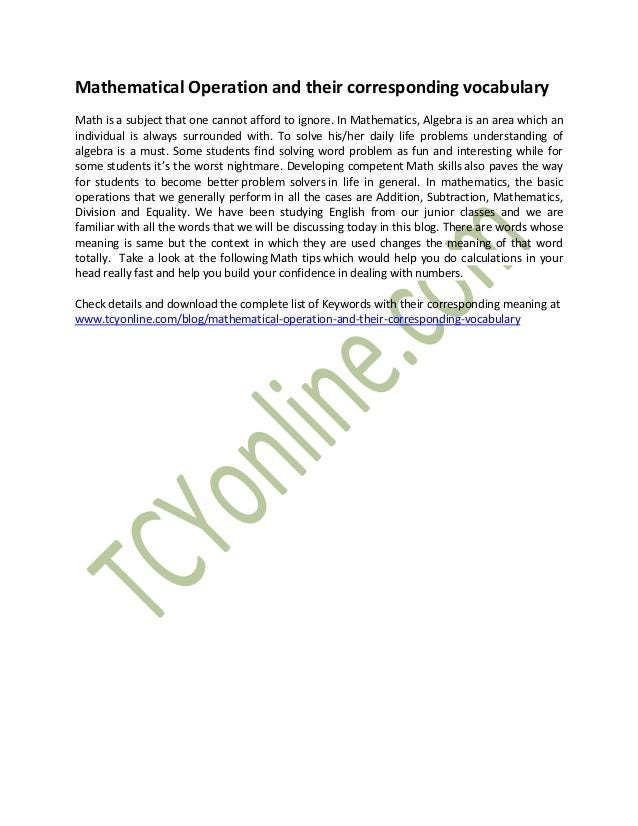 Mathematical Operation And Their Corresponding Vocabulary Mathematical Operation And Their Corresponding Vocabulary