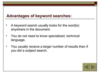 Keyword Vs. Subject Searching | PPT | Search | Internet