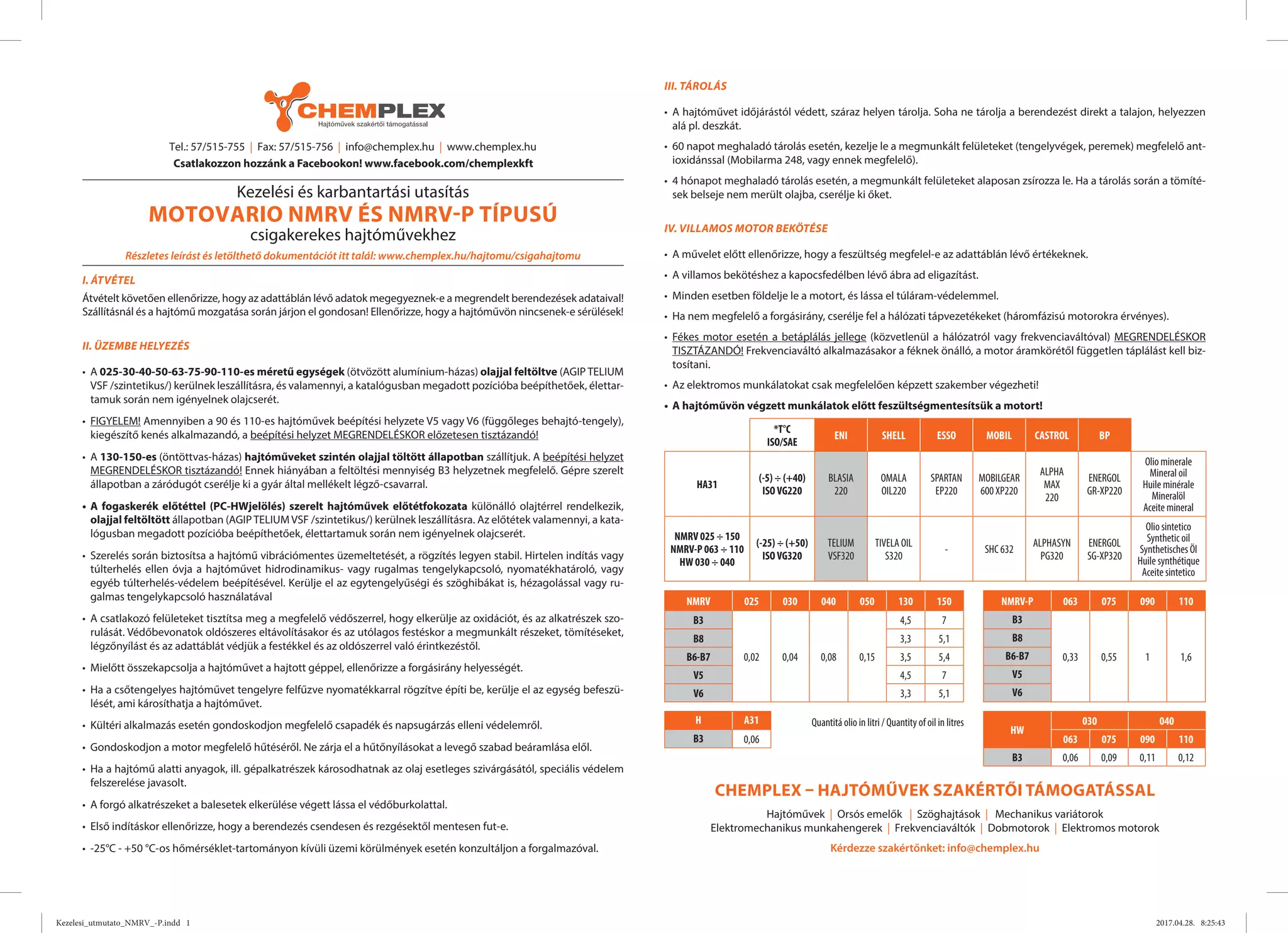 Motovario NMRV csigahajtómű kezelési utasítás | PDF