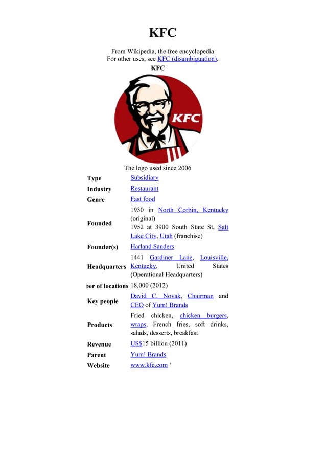 Project on KFC in words