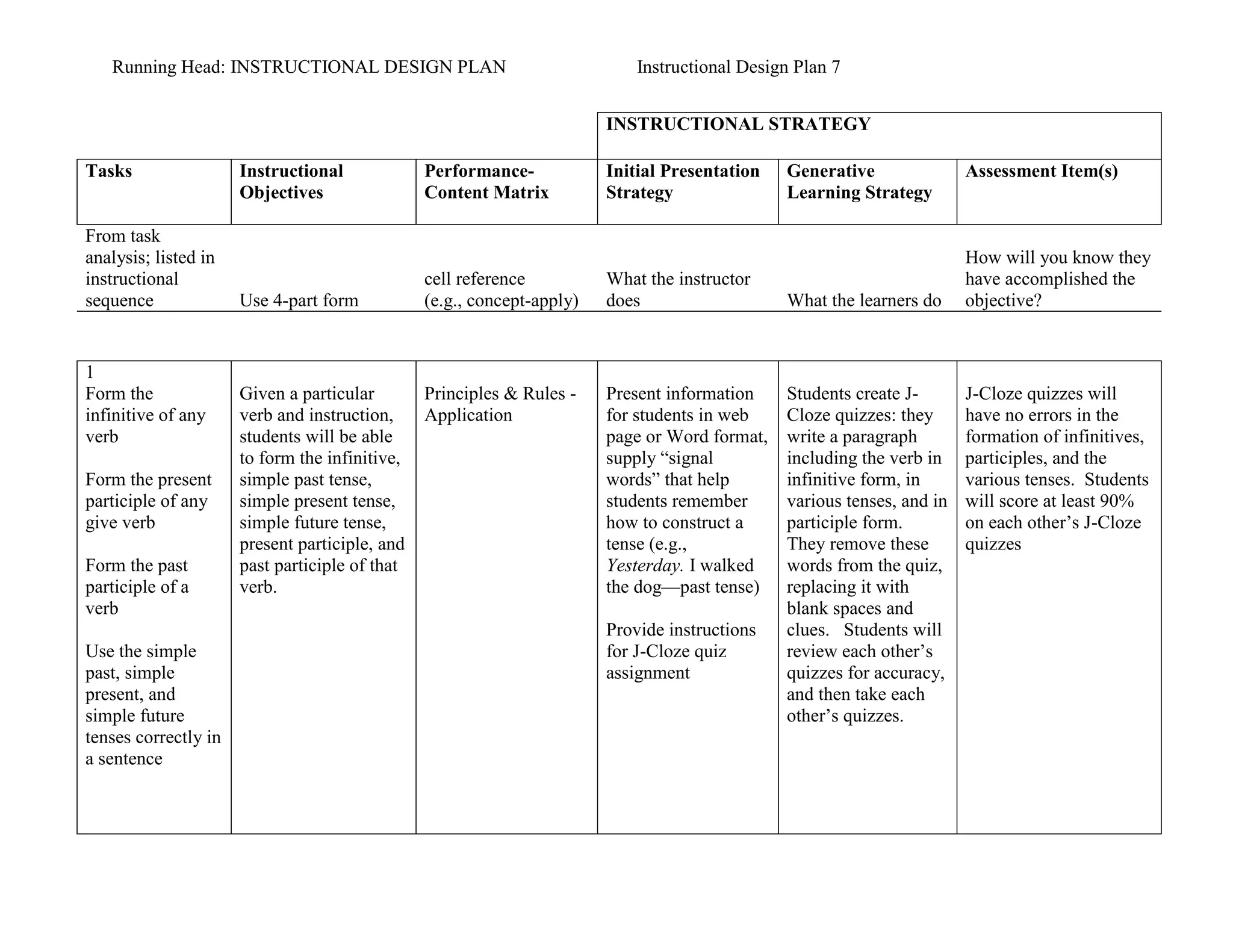 Instructional Design Plan - Moodle Verb Tense Tutorial | DOCX