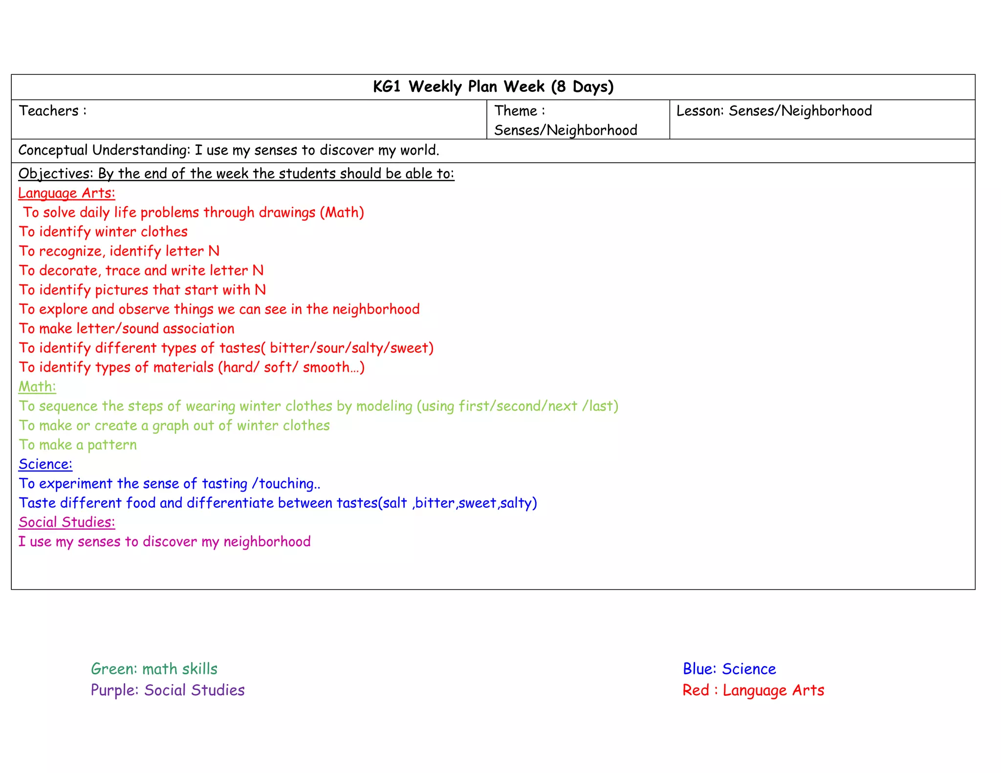 Kg1 weekly plan | PDF