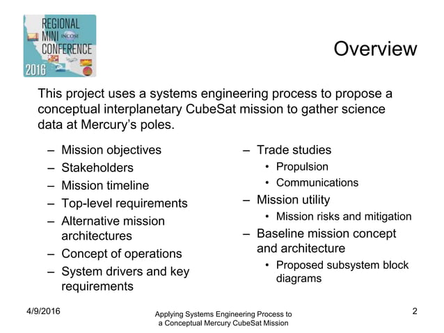 Applying the Systems Engineering Process to a Conceptual Merucry CubeSat Mission | PPT