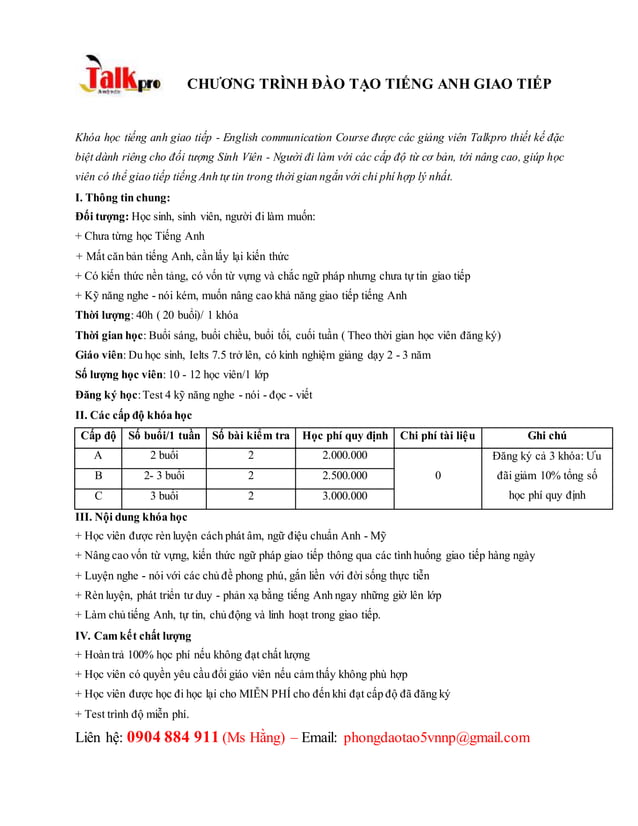 Talkpro - Khai giảng khóa học tiếng anh giao tiếp tại Hà Nội | DOCX