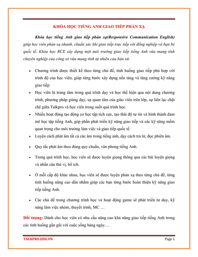 Khóa học tiếng anh giao tiếp phản xạ | DOCX