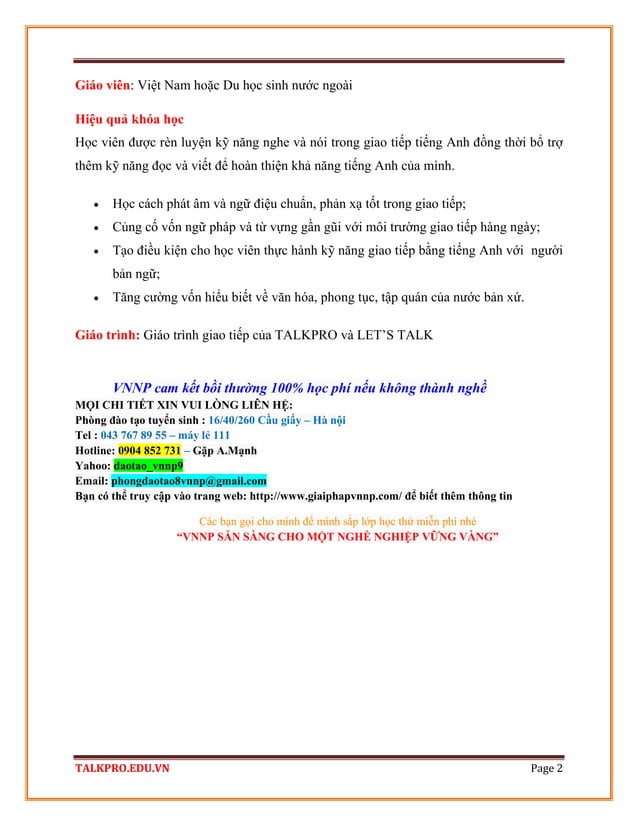 Khóa học tiếng anh giao tiếp phản xạ | DOCX